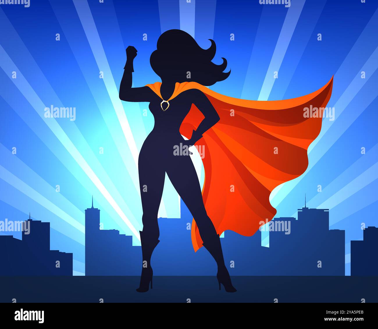 Beautiful Female Superhero Standing With Raised Fist On Night Cityscape