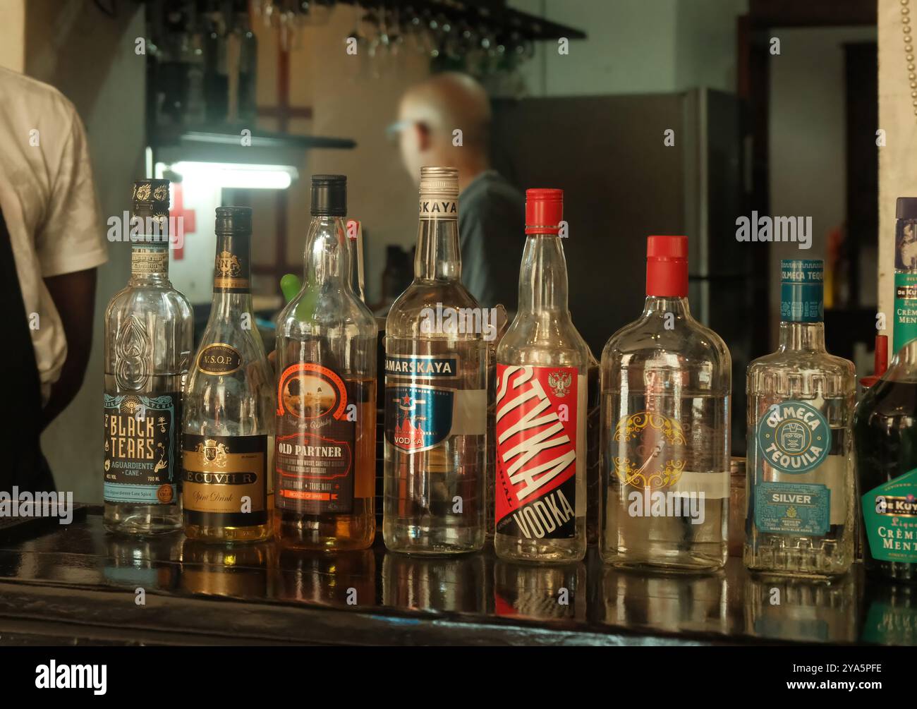 Havana, Cuba Apr1 2024: Bar counter displaying variety of alcoholic ...