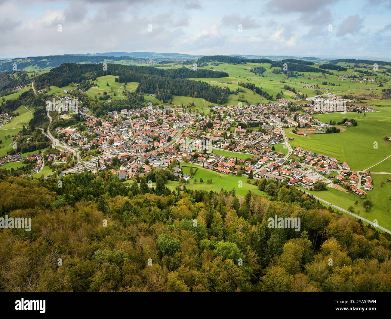 Aerial photo of the village of Oberstaufen in the Allgaeu Alps, Bavaria ...