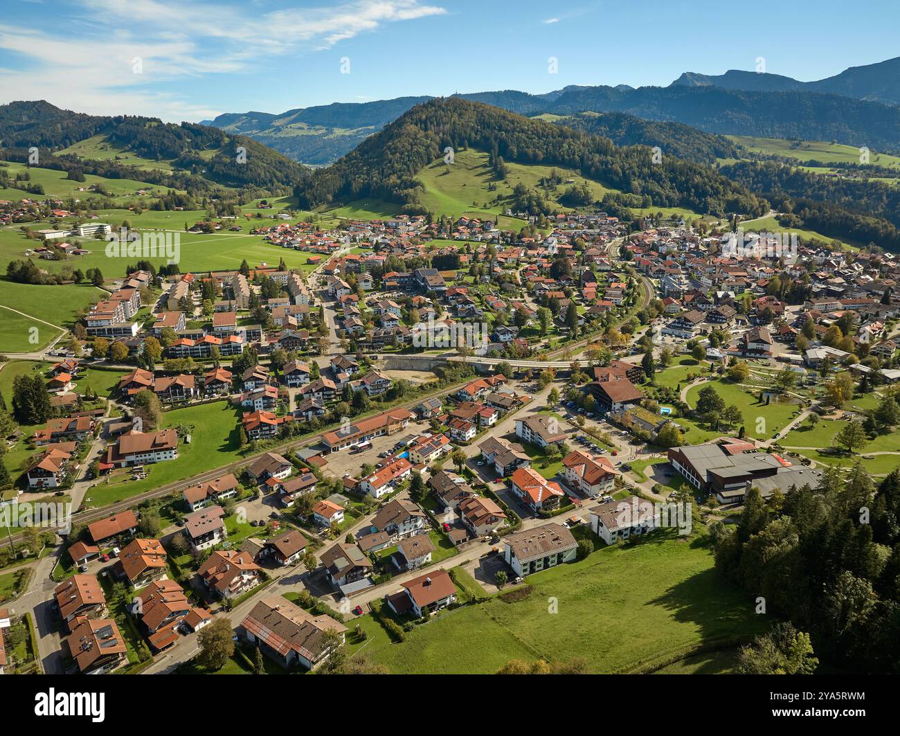 Aerial photo of the village of Oberstaufen in the Allgaeu Alps, Bavaria ...