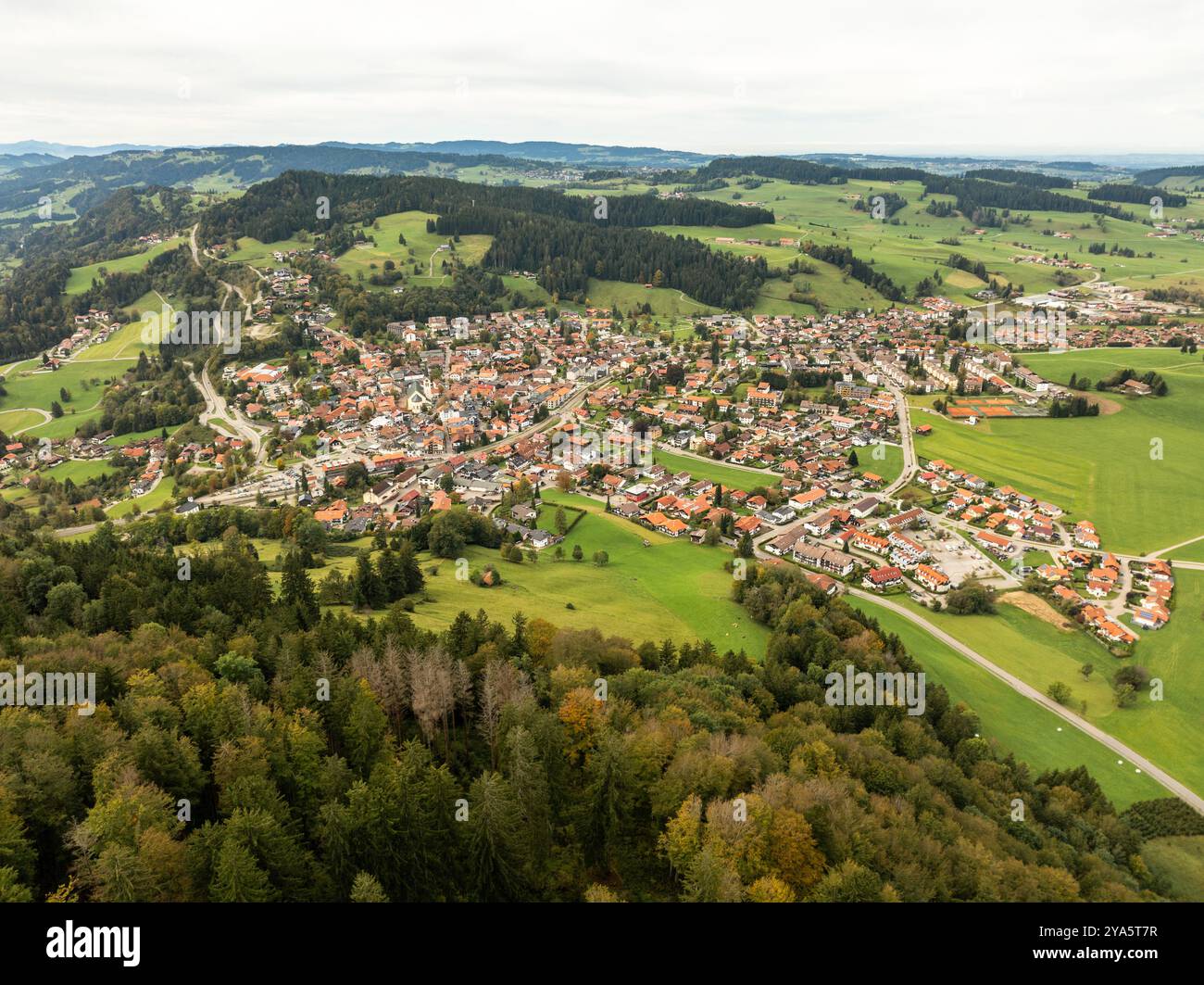 Aerial photo of the village of Oberstaufen in the Allgaeu Alps, Bavaria ...