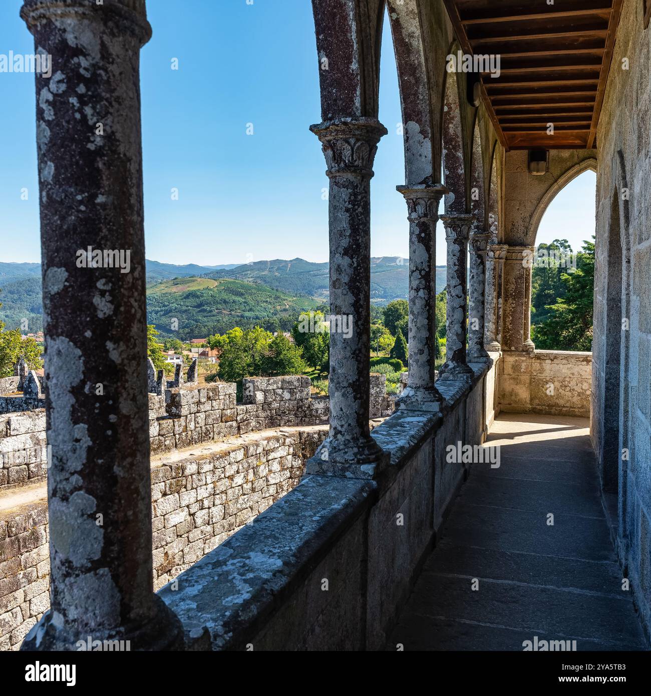 Beautiful medieval-style stone column arcade in Sotomayor Castle ...