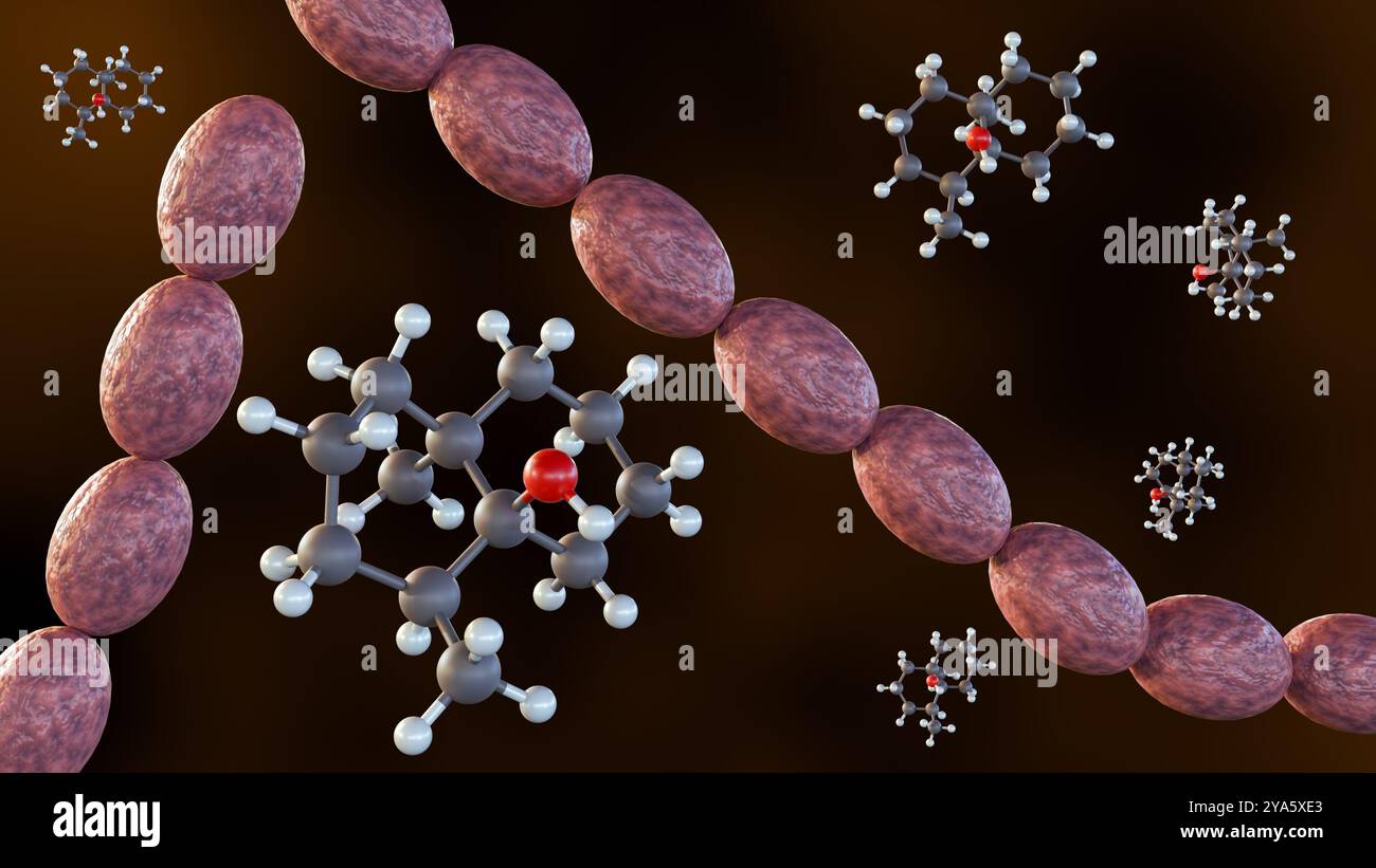 3d rendering of streptomyces and geosmin molecules, geosmin contributes ...