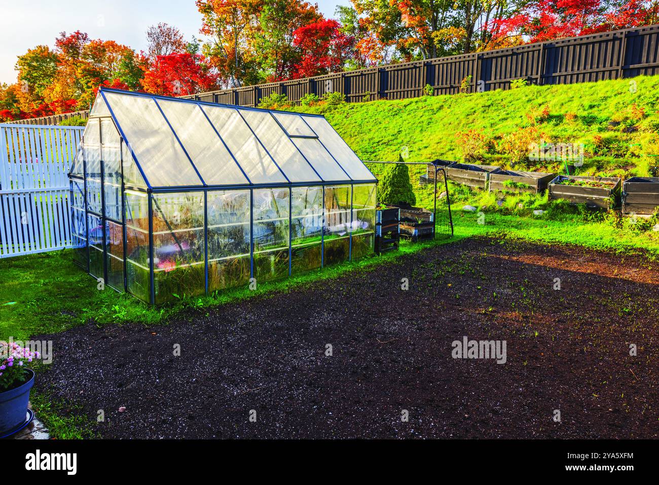 Greenhouse prepared for winter with stored items, set in an autumn ...