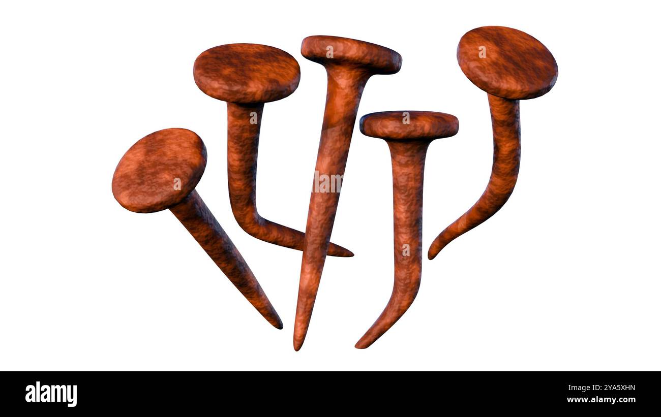 3d rendering of rusty nails against a white background. The nails are ...