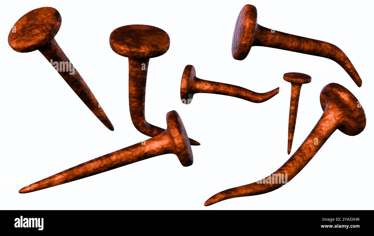 3d rendering of rusty nails against a white background. The nails are ...