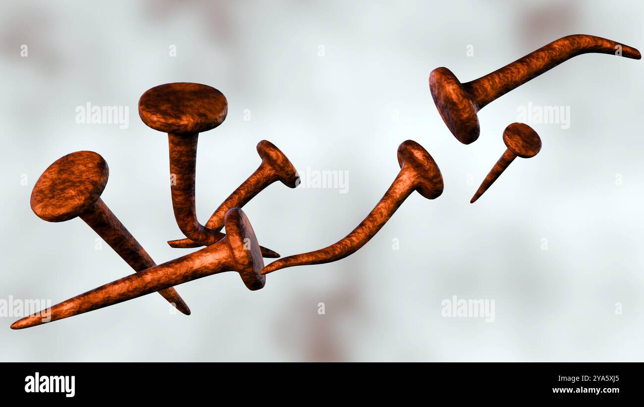 3d rendering of rusty nails against a white background. The nails are ...
