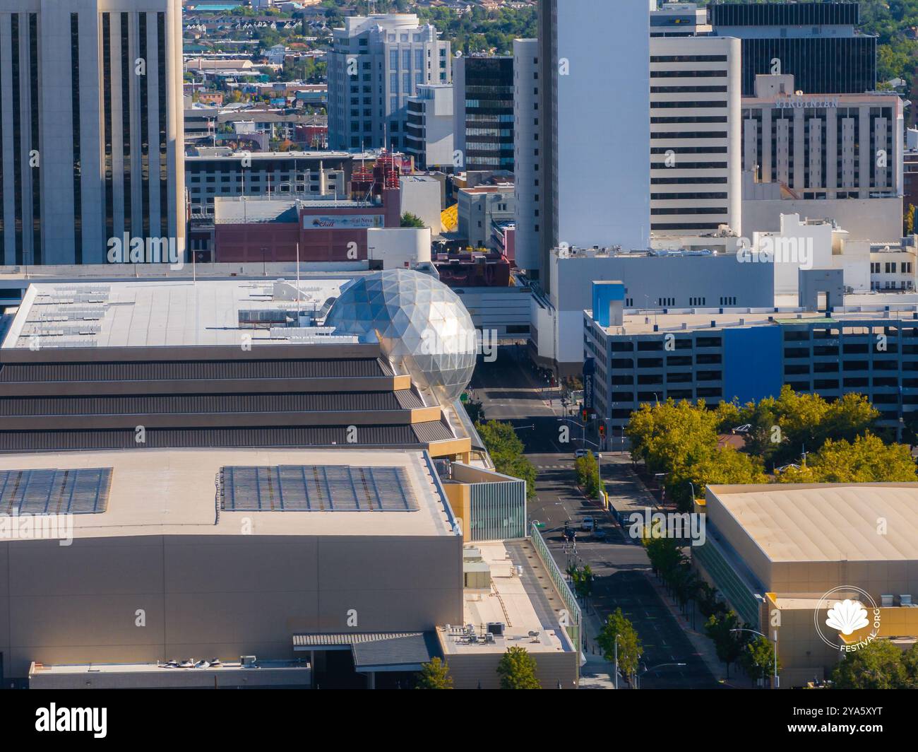 Aerial View of Downtown Reno with Silver Geodesic Dome Landmark Stock ...