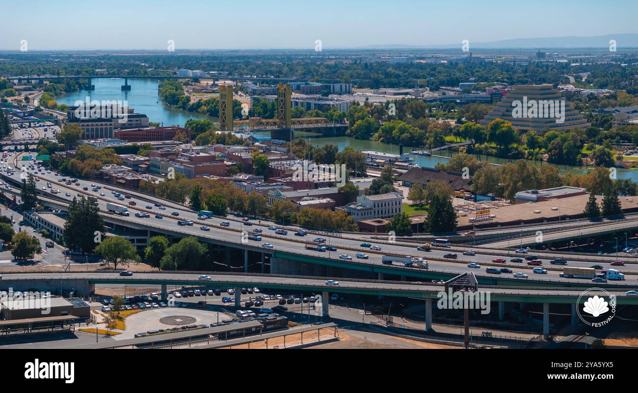 Aerial View of Sacramento with Tower Bridge and Ziggurat Building Stock ...