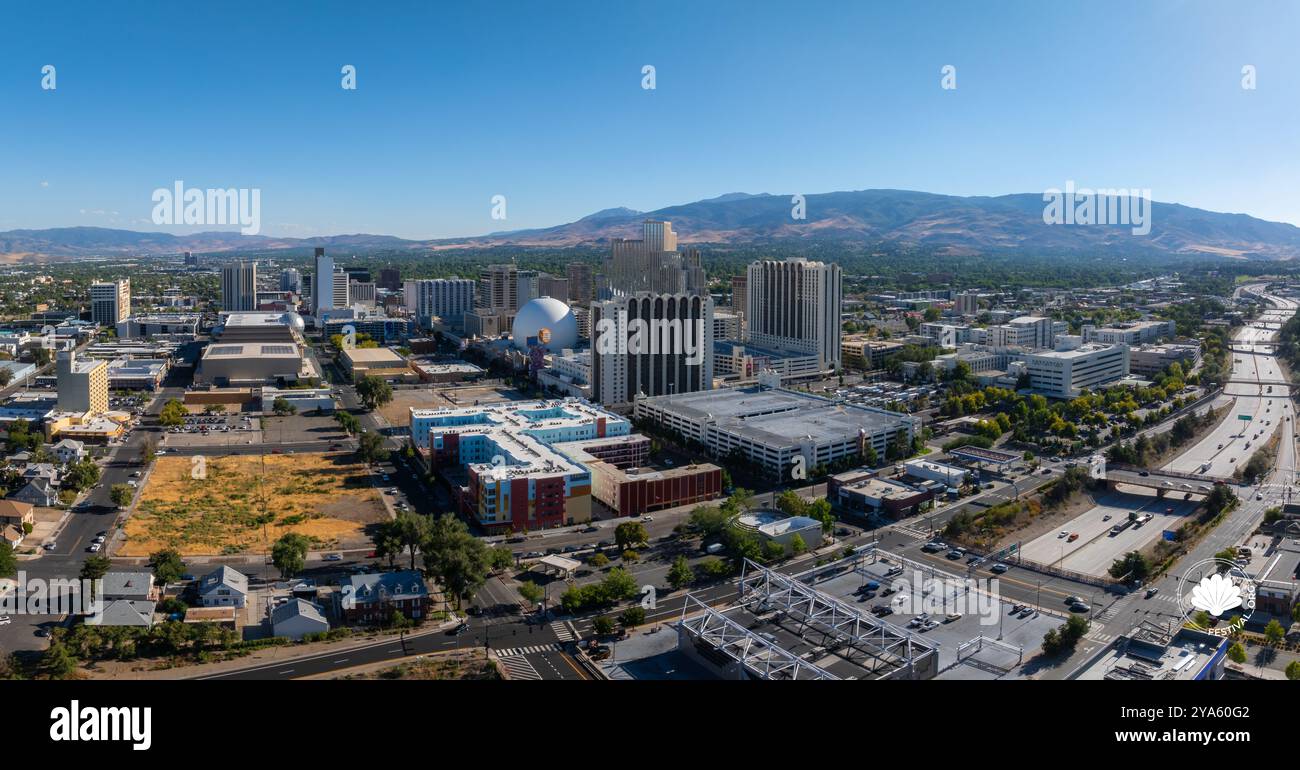 Aerial View of Downtown Reno, Nevada with Sierra Nevada Backdrop Stock ...