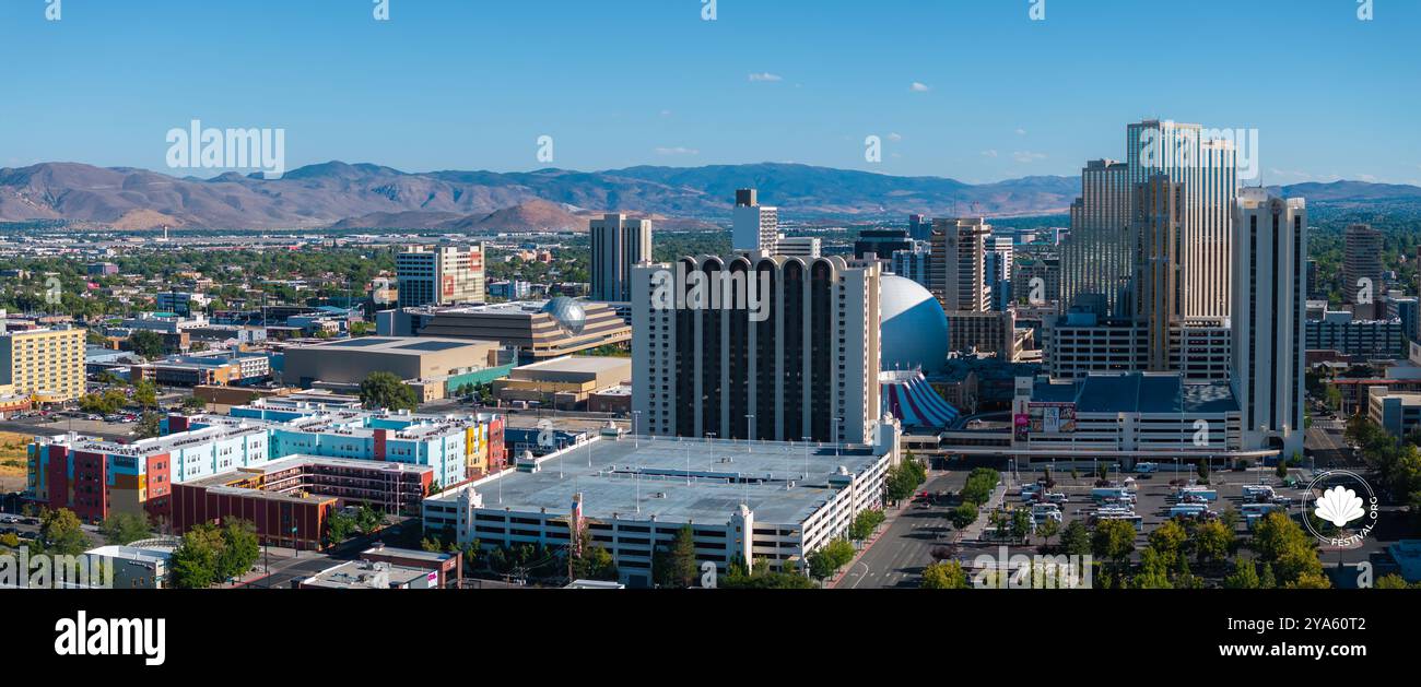 Aerial View of Reno Skyline with Silver Legacy and Sierra Nevada Stock ...