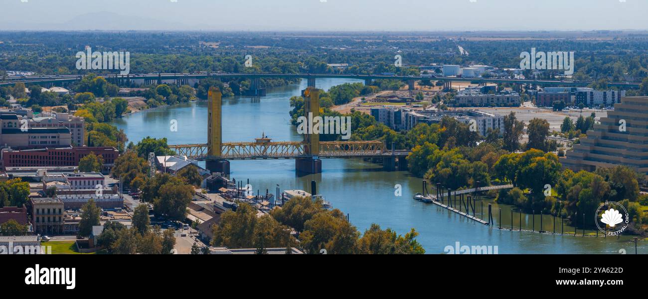Aerial View of Sacramento Featuring Tower Bridge and Cityscape Stock ...