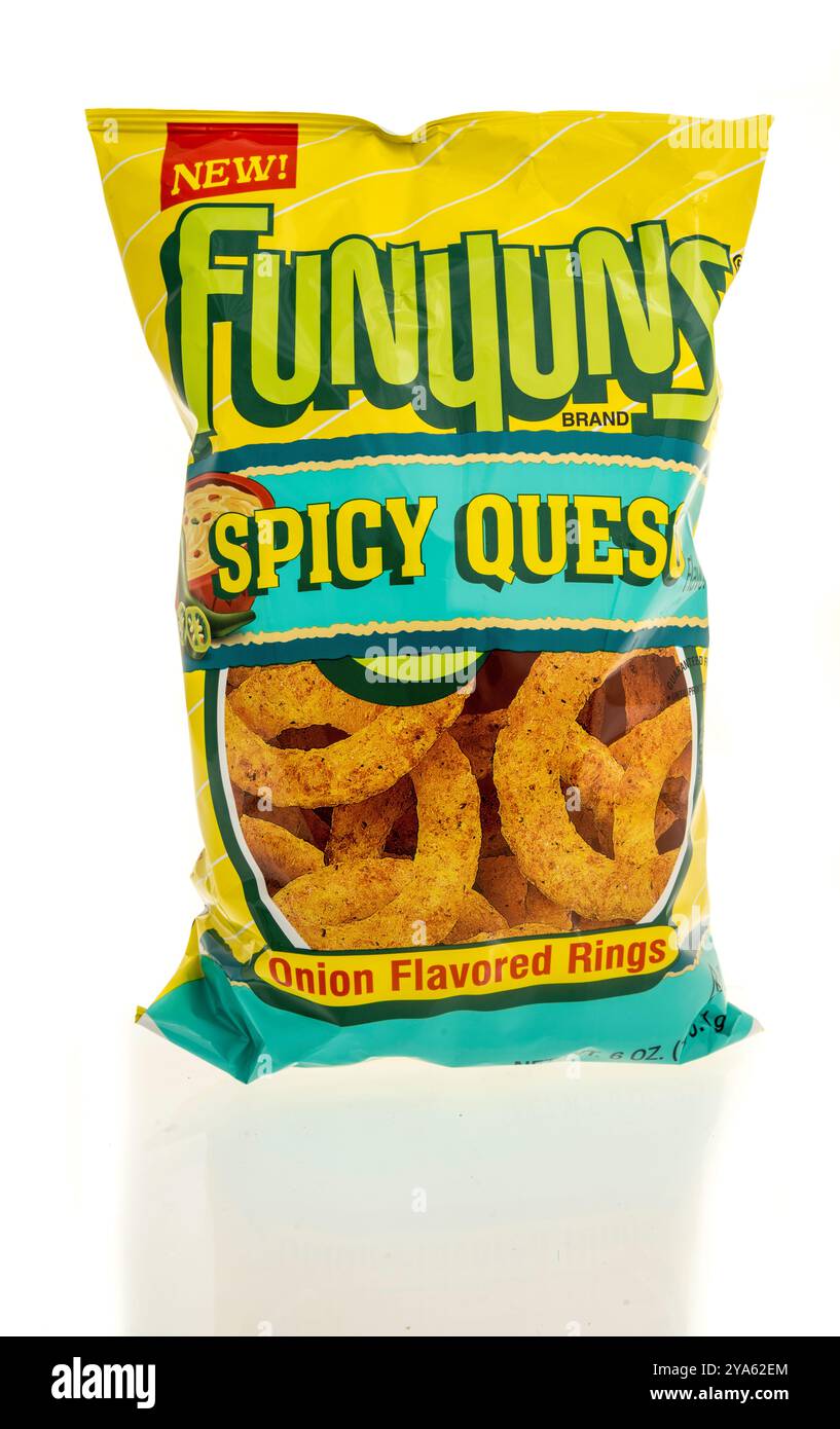 Winneconne, WI - 3 August 2024: A package of Funyuns spicy queso chips ...