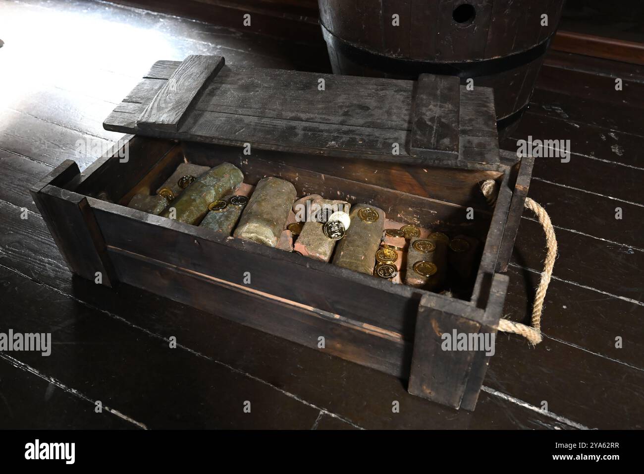 A wooden treasure chest on the replica Spanish tallship Galeón ...
