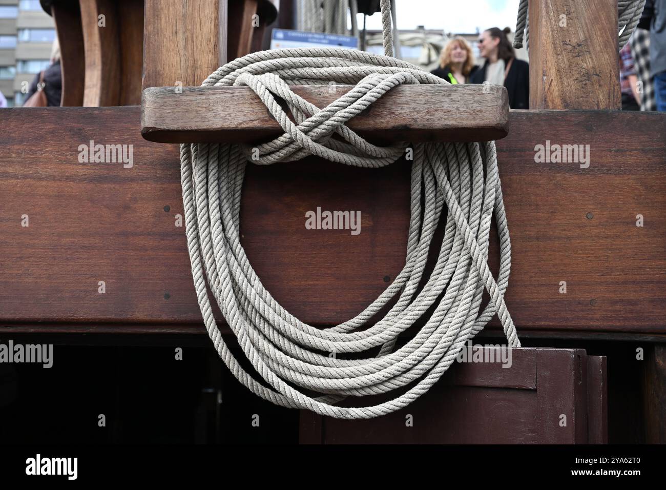 Rope on the replica Spanish tallship Galeón Andalucía moored in St ...