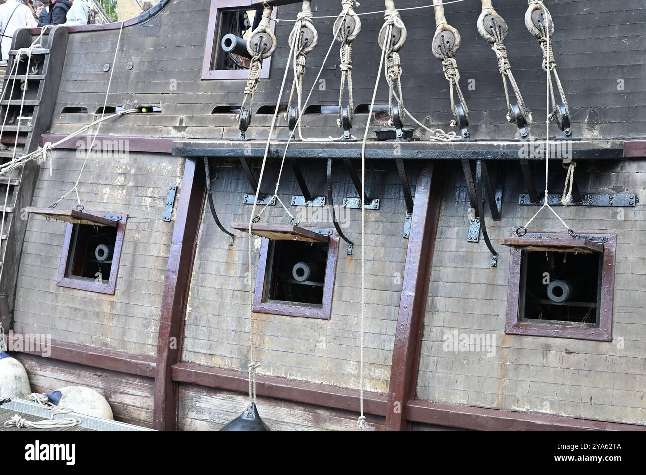 Cannon and rigging on the replica Spanish tallship Galeón Andalucía ...