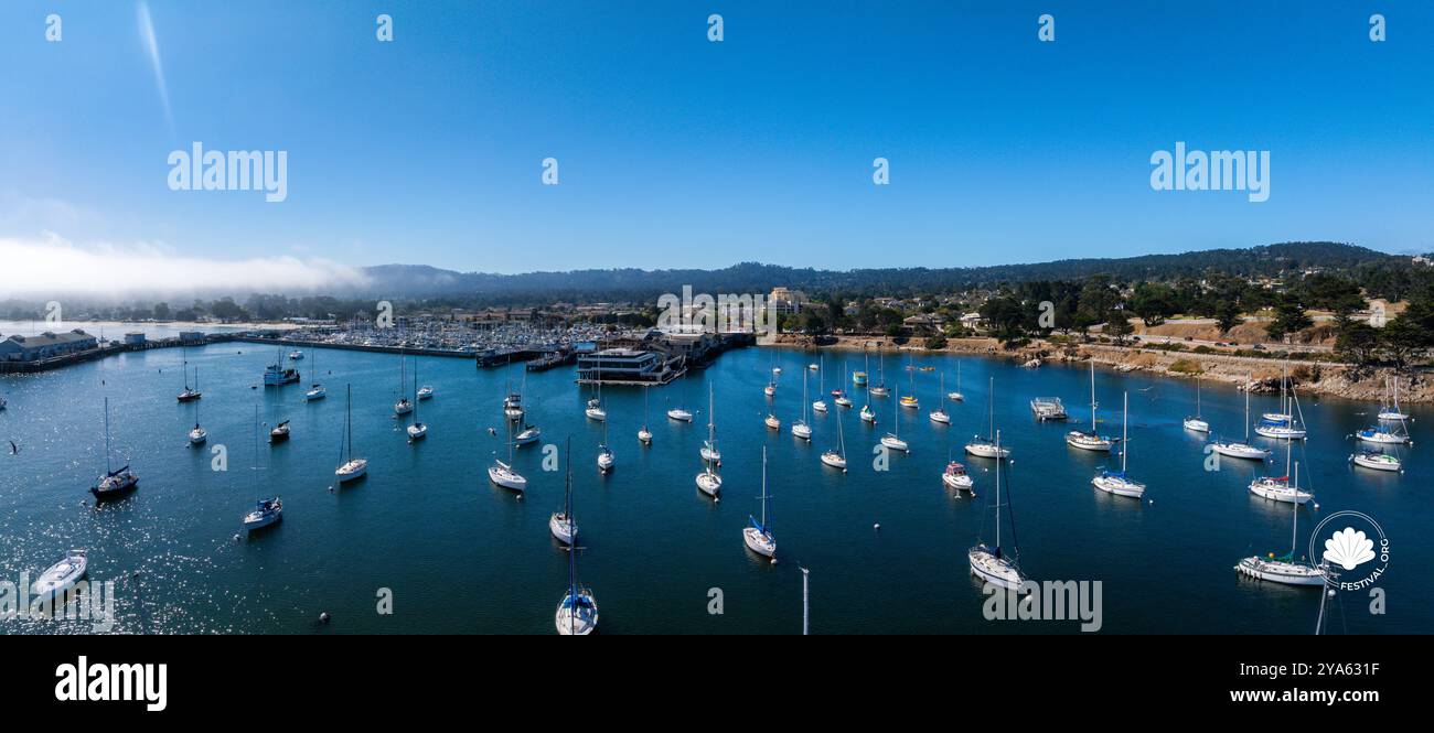 Aerial View of Monterey Harbor with Sailboats and Fog Stock Photo - Alamy