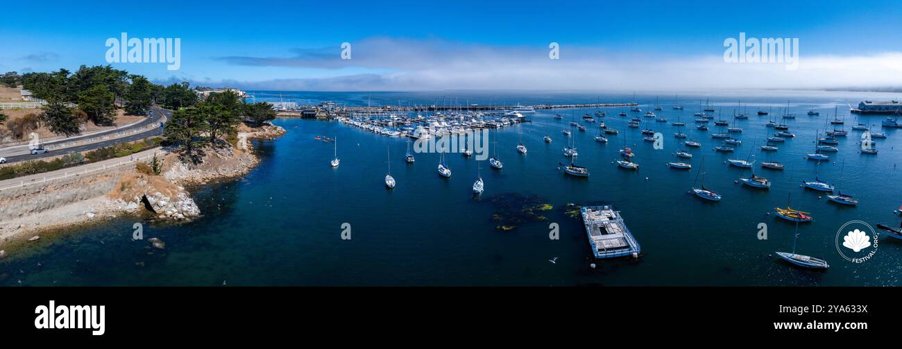 Aerial View of Monterey Harbor with Sailboats and Coastal Road Stock ...
