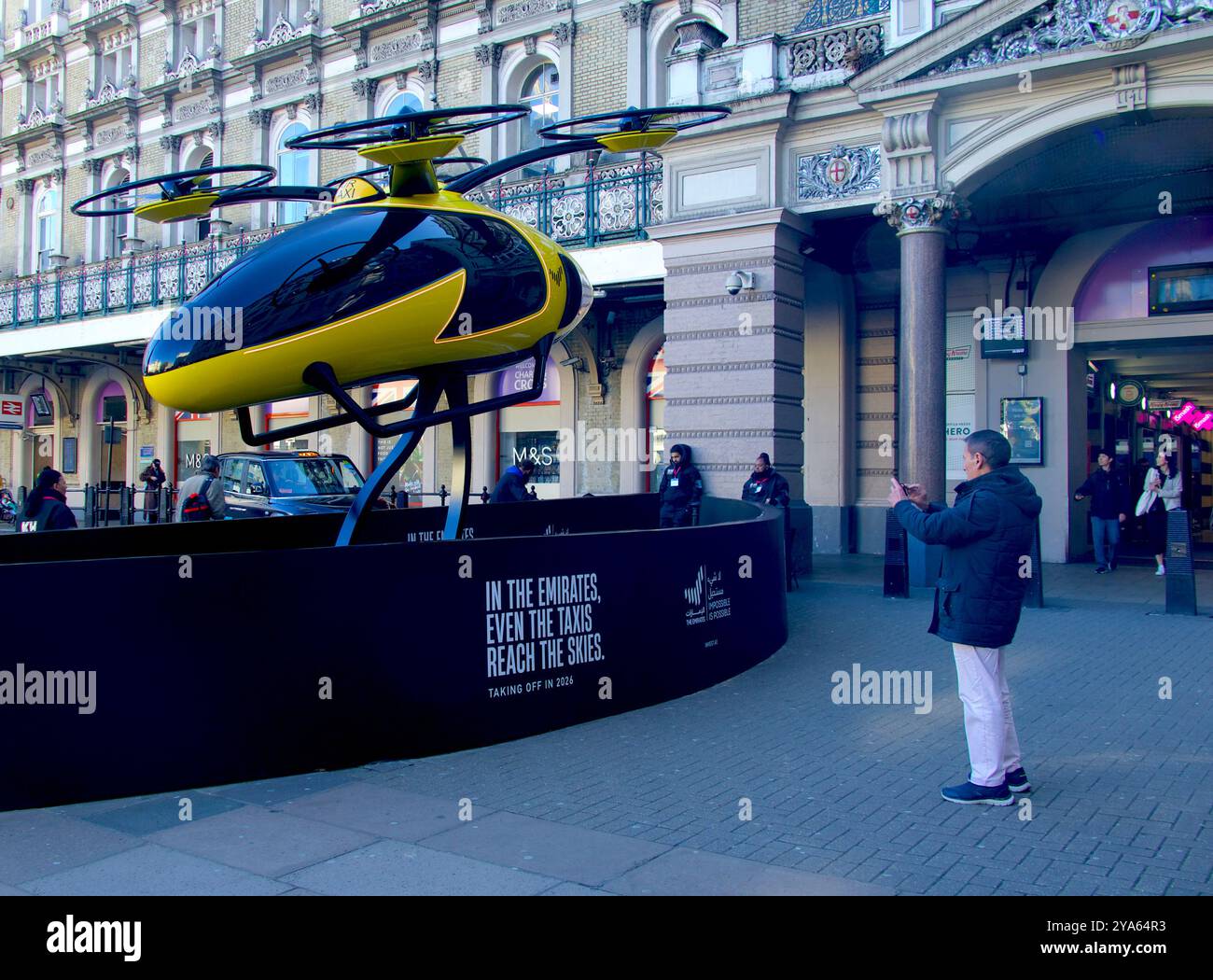 A prototype flying Taxi on display in the forecourt of Charing Cross ...