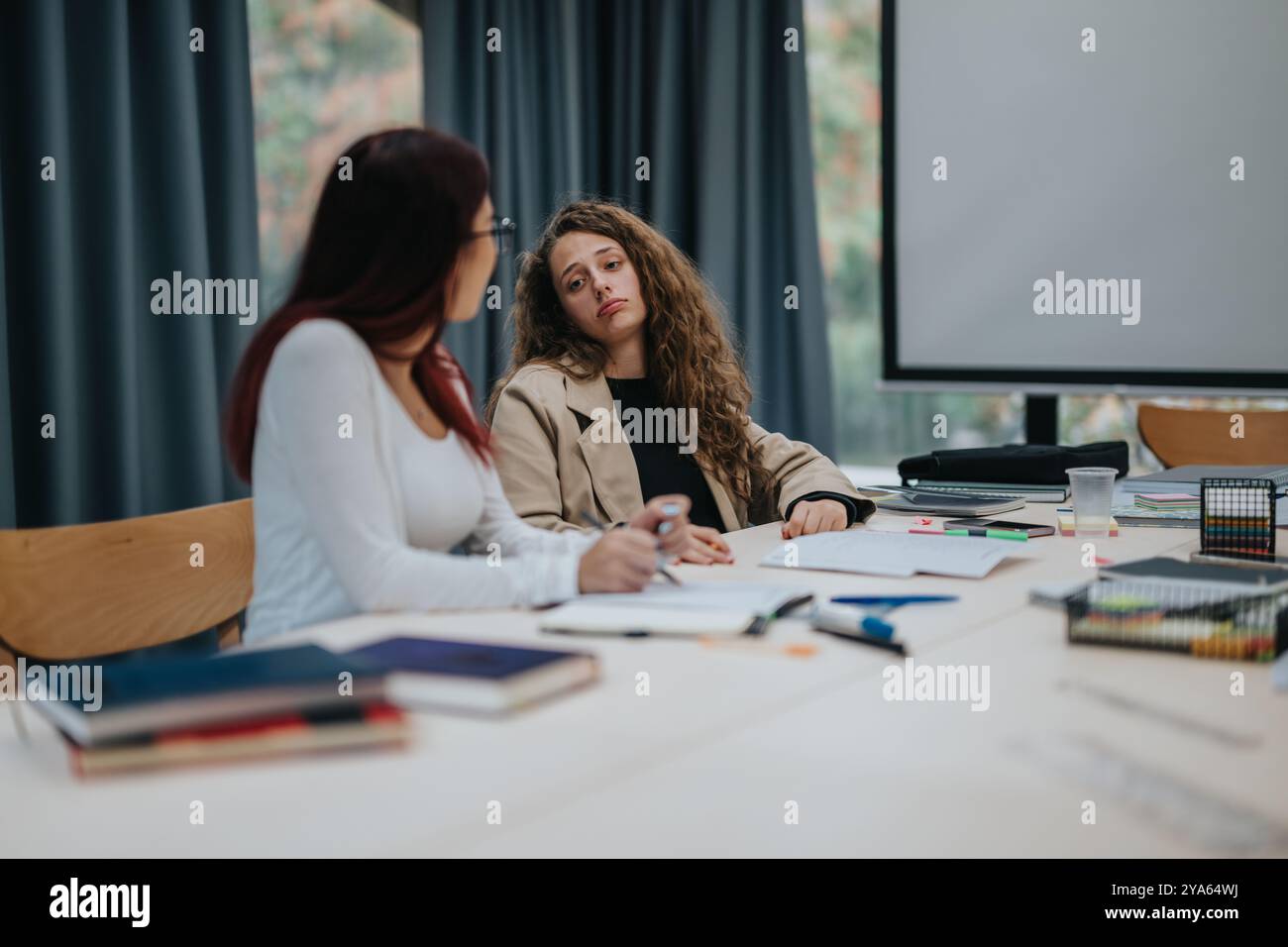 Two students discussing school project in a classroom setting Stock ...