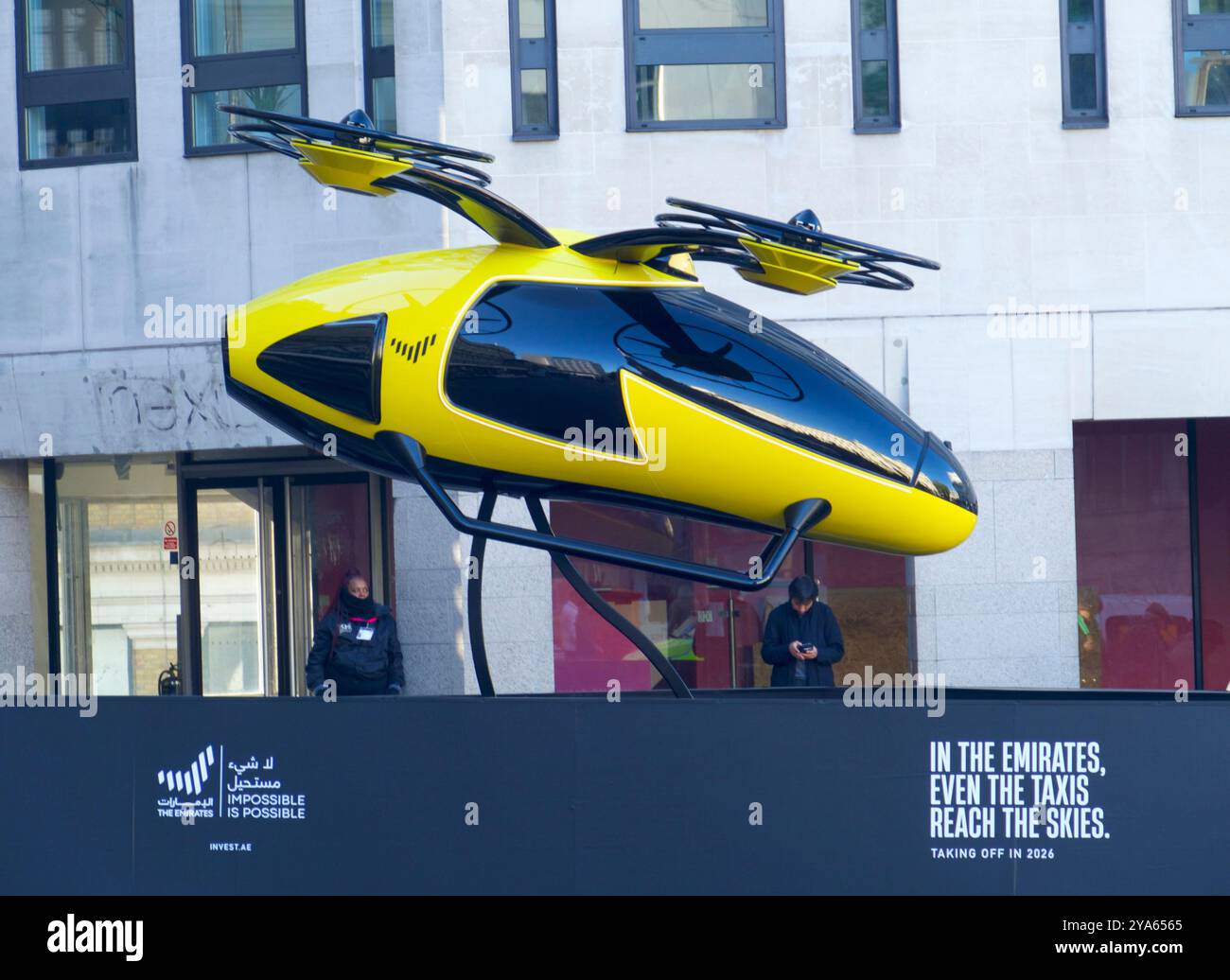 A prototype flying Taxi on display in the forecourt of Charing Cross ...