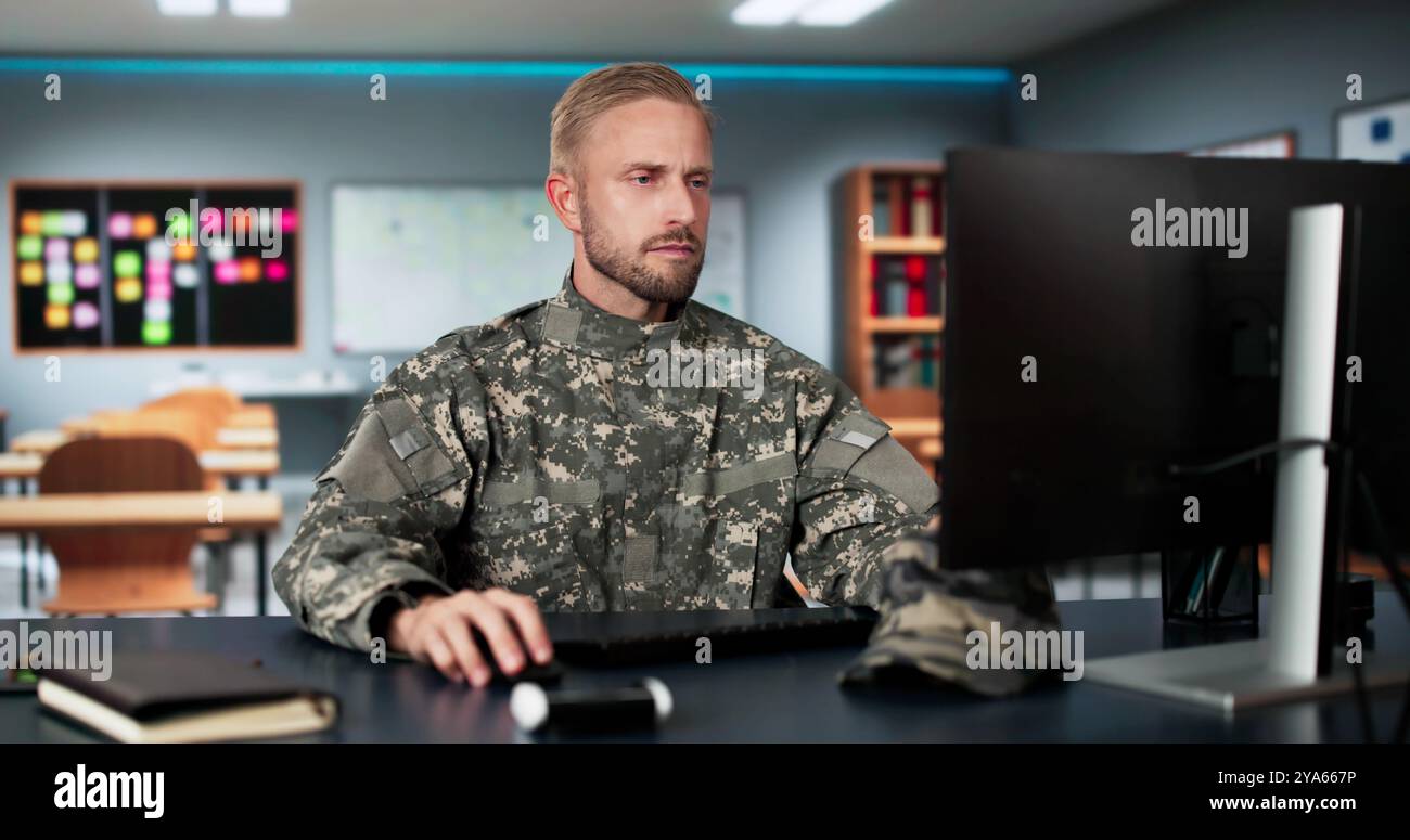 Military Student Education. Army Soldier Veteran With Computer Stock ...
