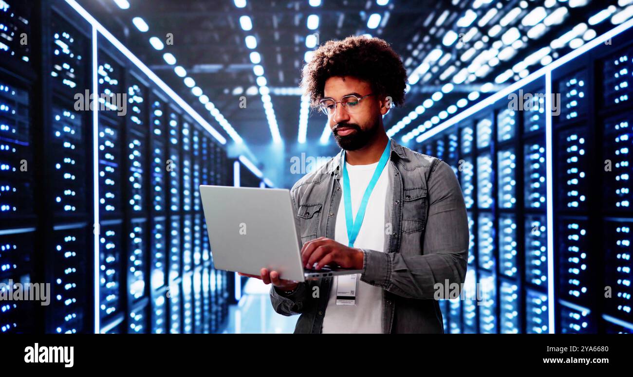 Server Room In Data Center. Cloud Computer Engineer Configuring AI Technology Stock Photo - Alamy