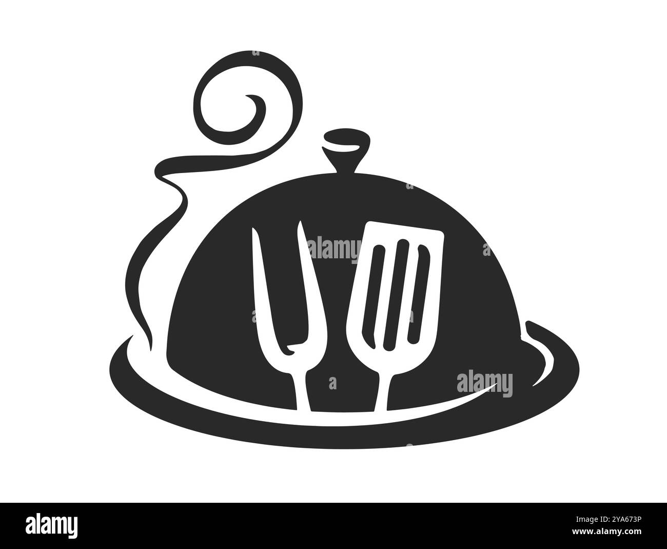 Tray with lid, fork and spatula symbol or logo. Grill food sign simple ...