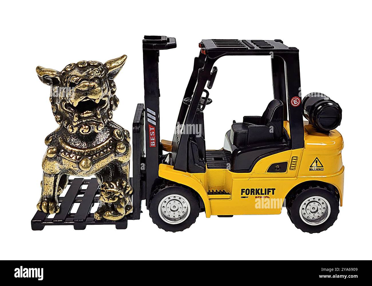 A yellow forklift for moving large objects like a foo dog statue to ...