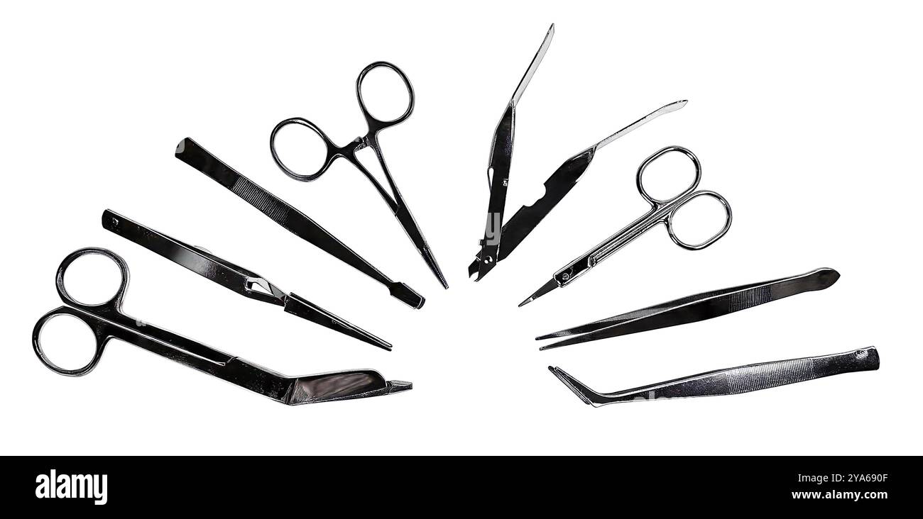 A variety of medical utensils including scissors, clamps, tweezers and ...