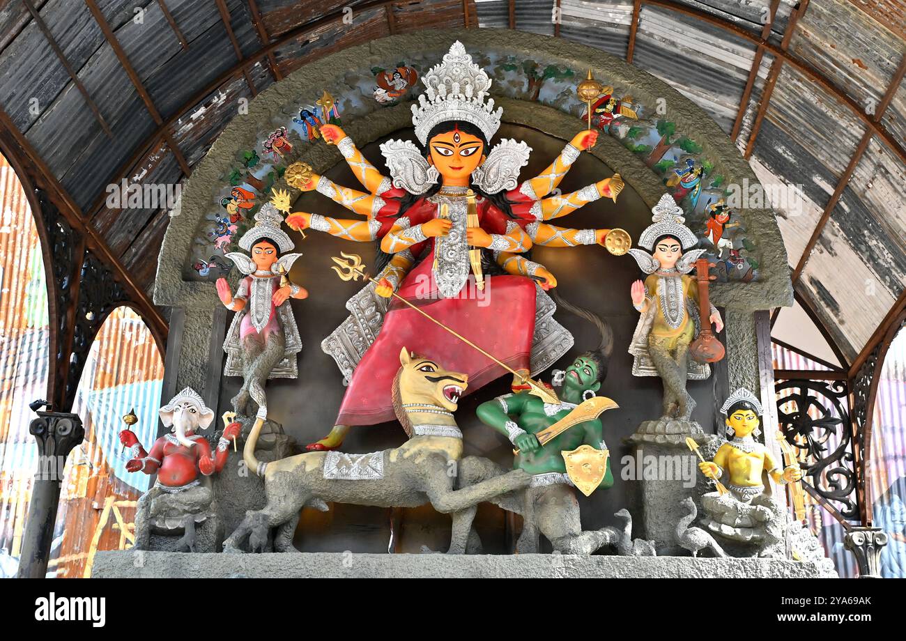 The beautiful idol of Hindu Goddess Devi Durga is decorated in the ...