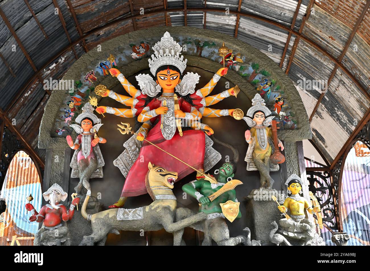 The beautiful idol of Hindu Goddess Devi Durga is decorated in the ...