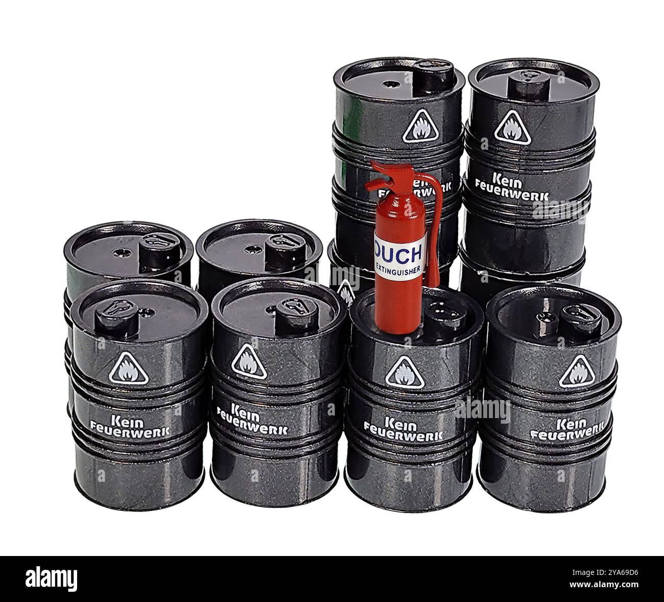 Black steel drums of caustic materials with a fire extinguisher for ...