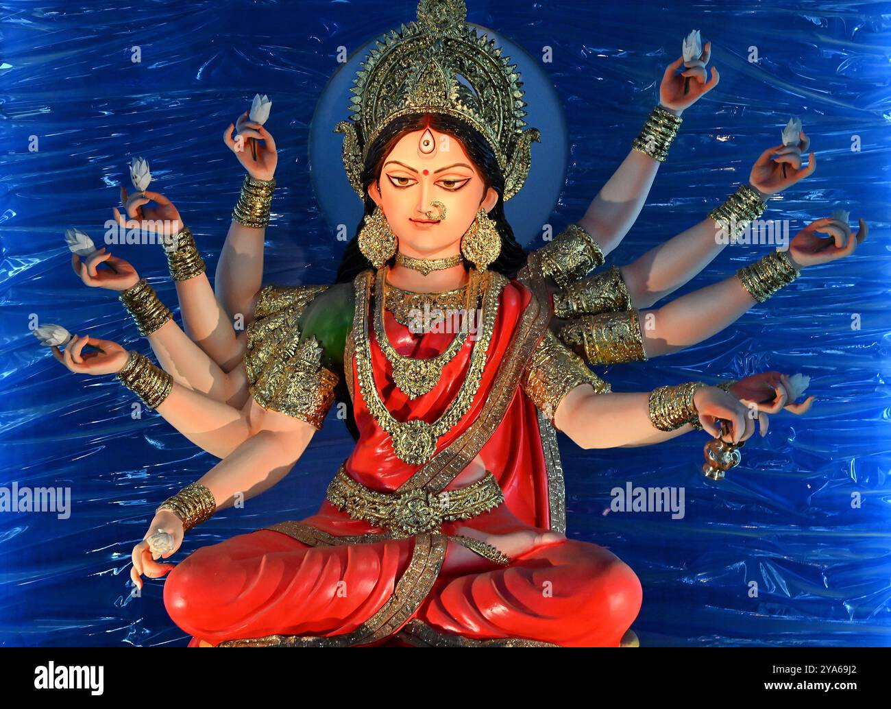 The beautiful idol of Hindu Goddess Devi Durga is decorated in the ...