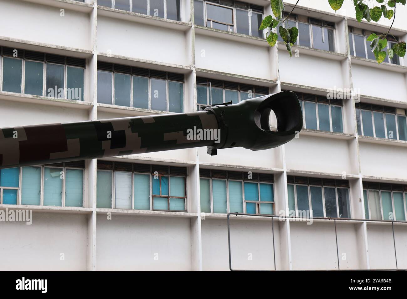 Close-up of G5 Howitzer artillery barrel with camouflage, displayed ...