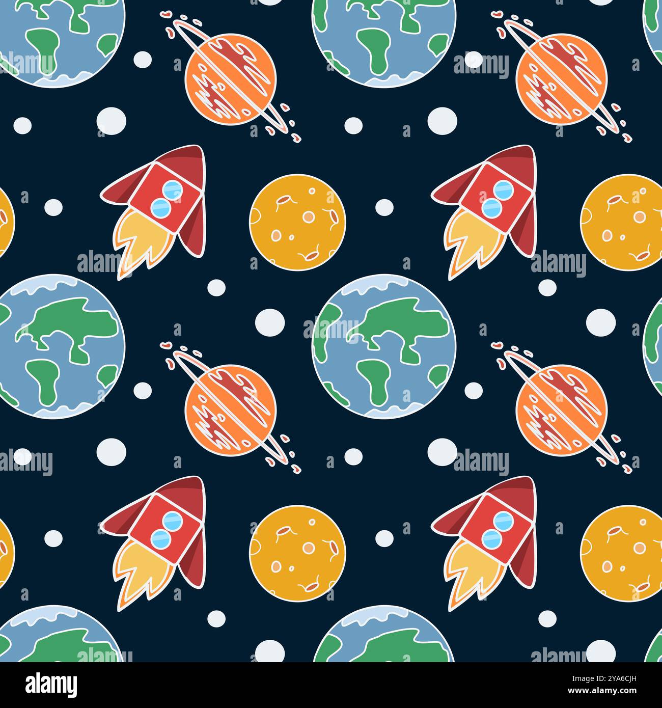Seamless childish space galaxy pattern with spaceships and planet earth, moon, rocket, stars on ...
