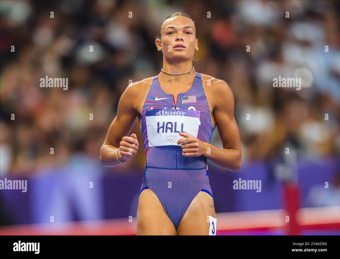 Anna Hall participating in the 200 meters at the Paris 2024 Olympic ...