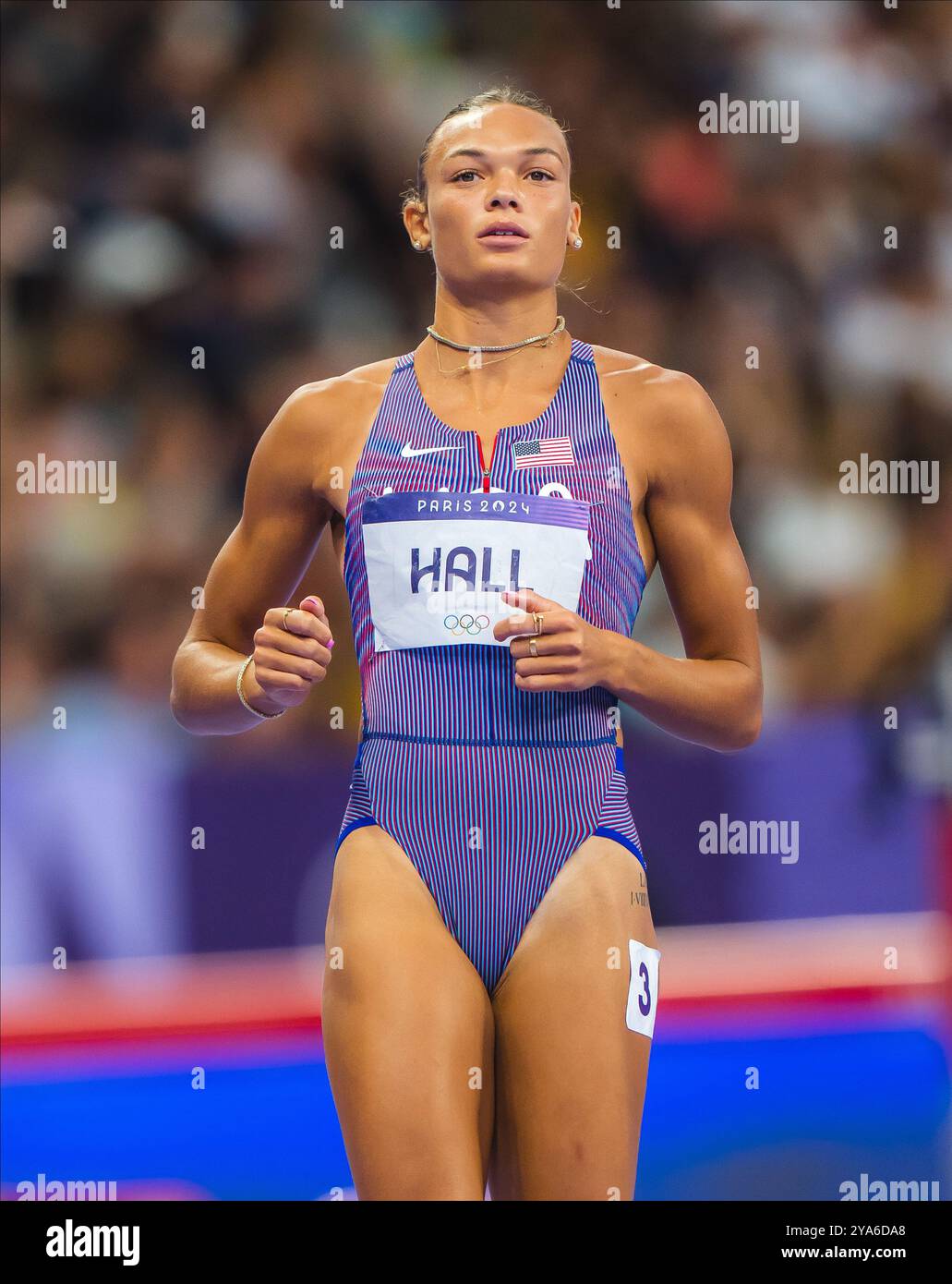 Anna Hall participating in the 200 meters at the Paris 2024 Olympic ...