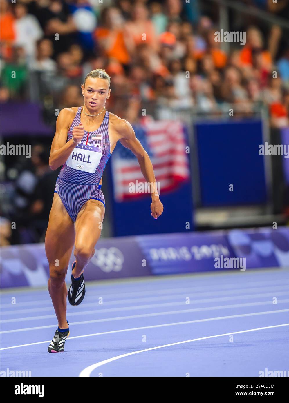 Anna Hall participating in the 200 meters at the Paris 2024 Olympic ...