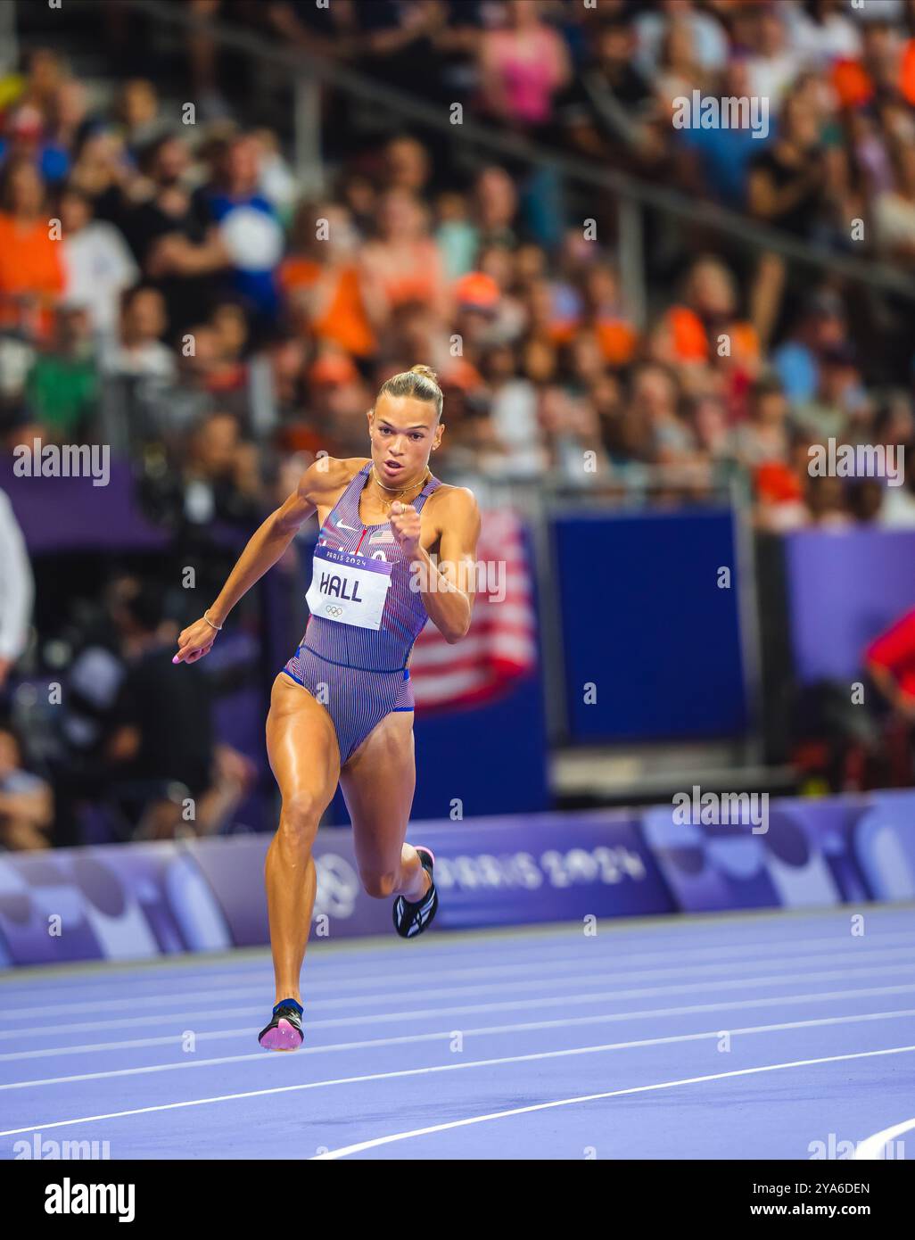 Anna Hall participating in the 200 meters at the Paris 2024 Olympic ...