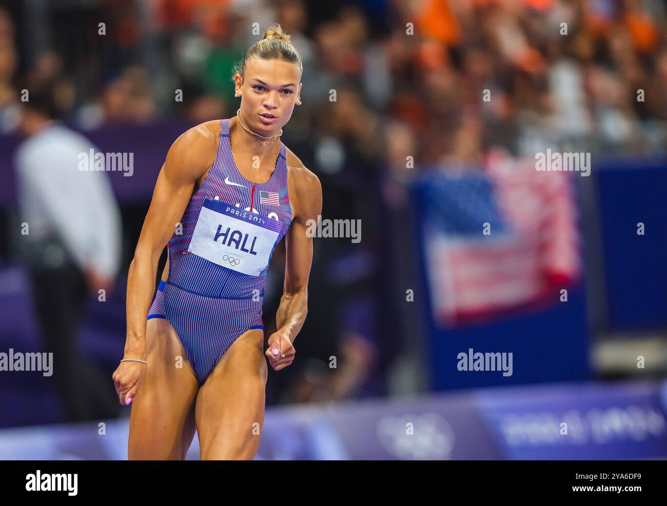 Anna Hall participating in the 200 meters at the Paris 2024 Olympic ...