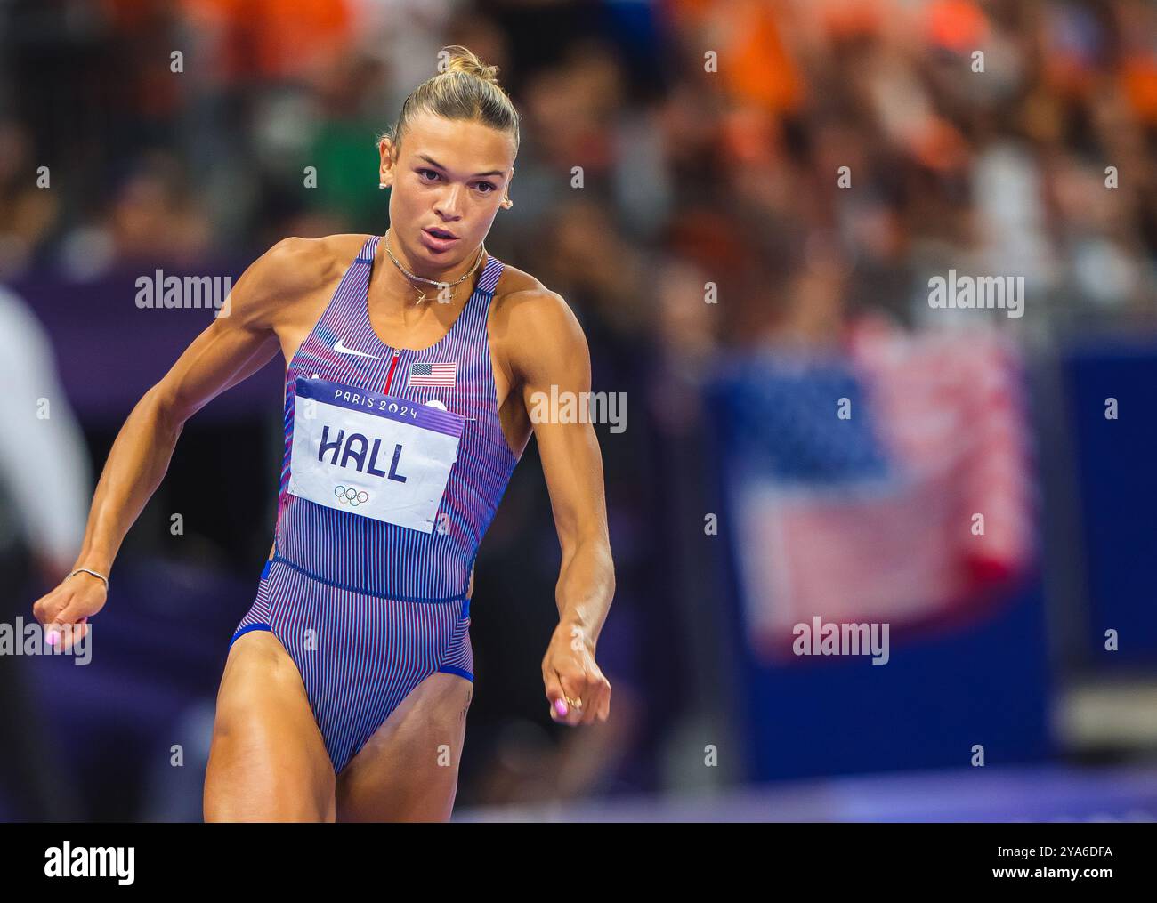 Anna Hall participating in the 200 meters at the Paris 2024 Olympic ...