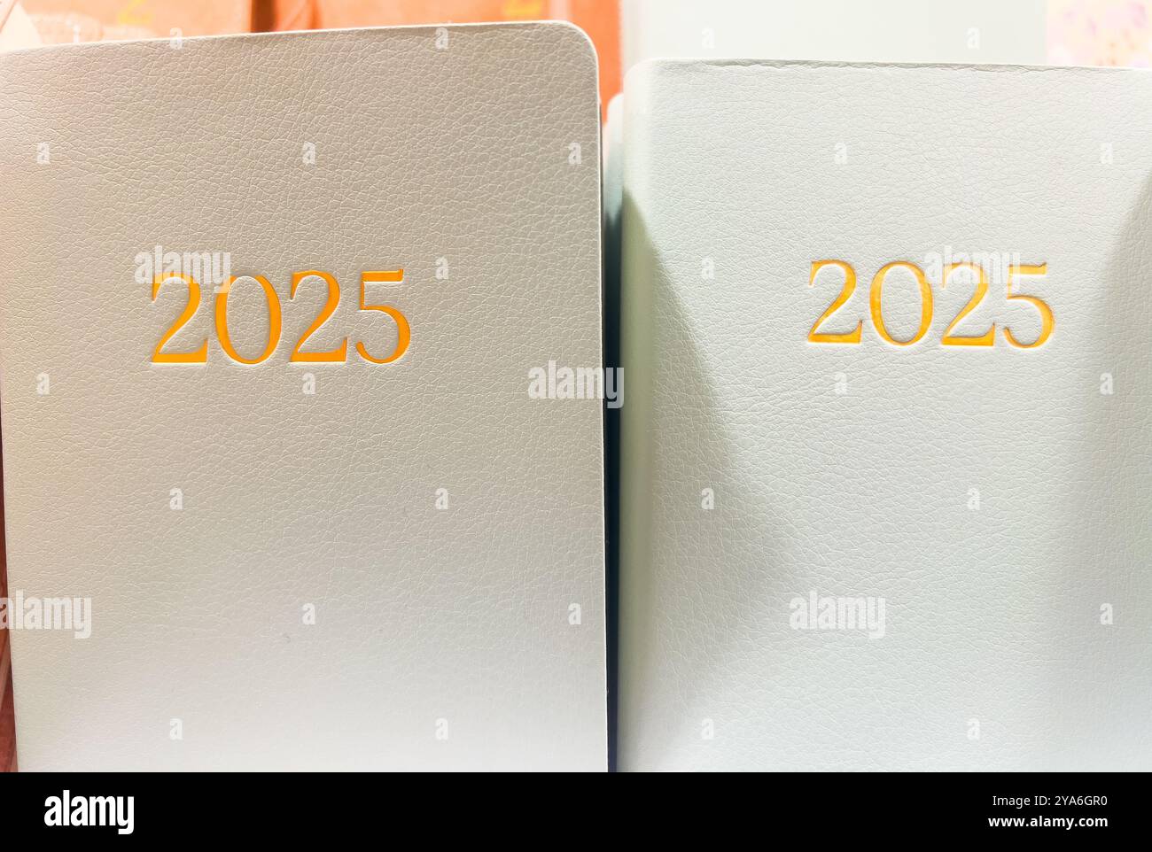 Close-up of two blue planners for the year 2025, preparation and ...