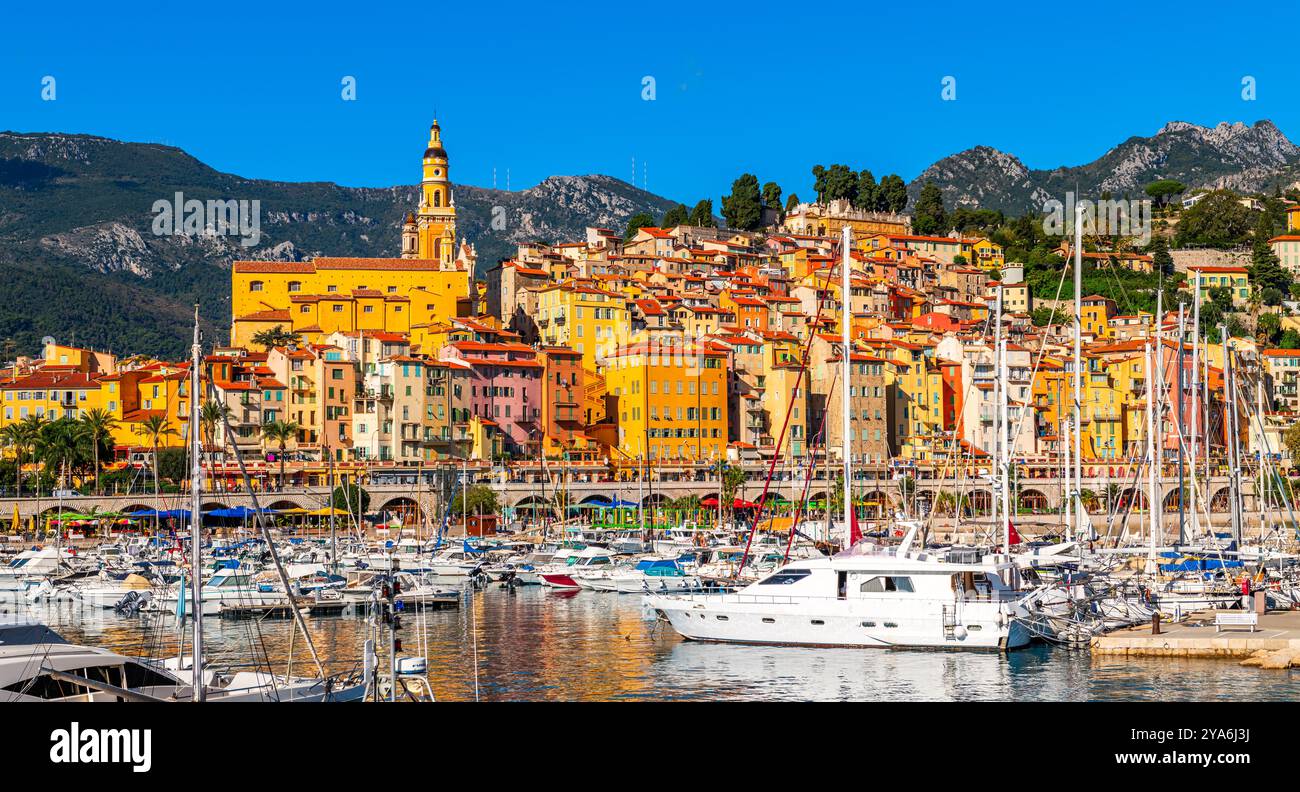 The old town of Menton in the Alpes Maritimes and its yellow facades ...