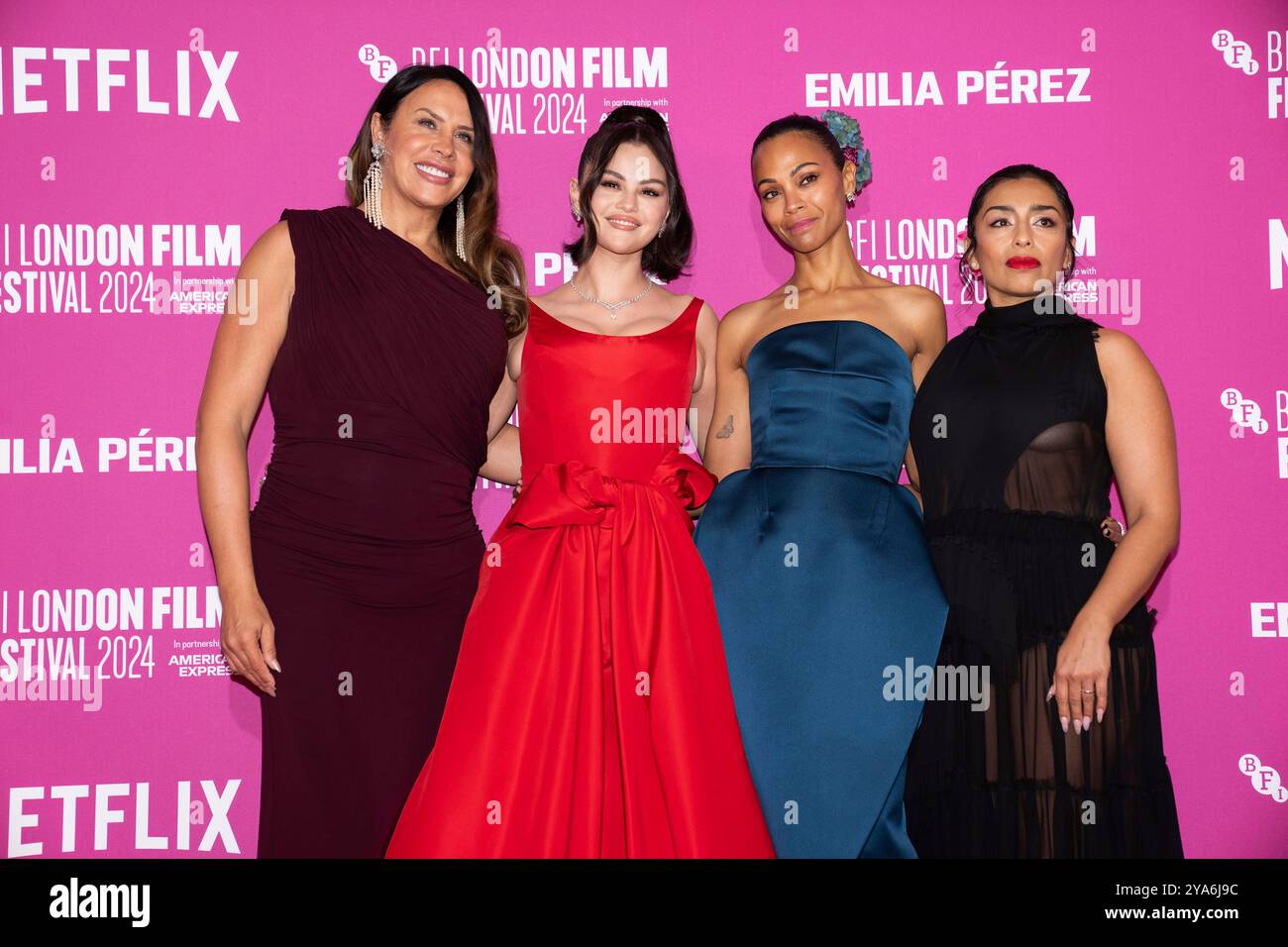 Karla Sofia Gascon, from left, Selena Gomez, Zoe Saldana and Adriana Paz pose for photographers ...