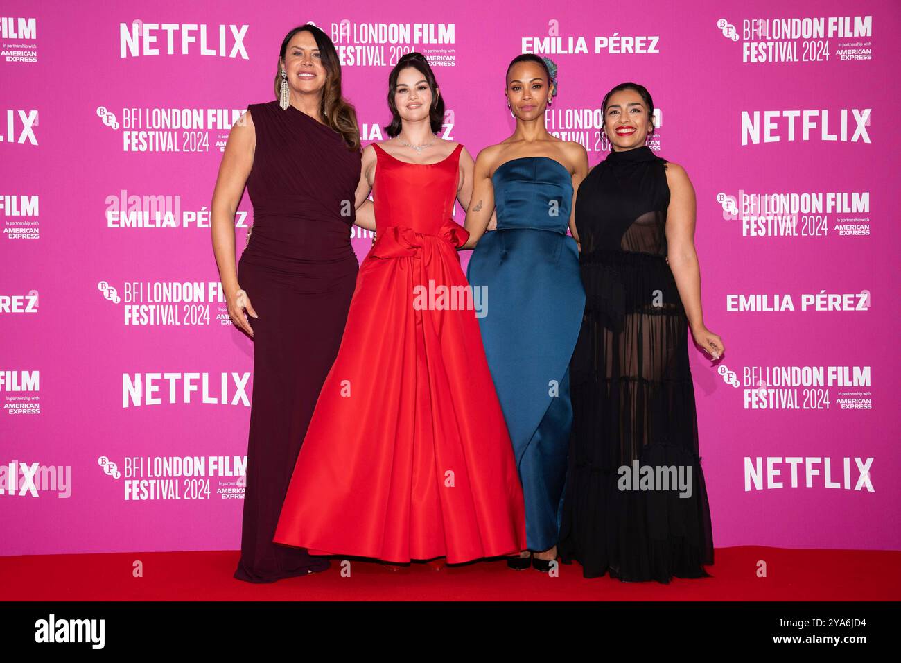 Karla Sofia Gascon, from left, Selena Gomez, Zoe Saldana and Adriana Paz pose for photographers ...