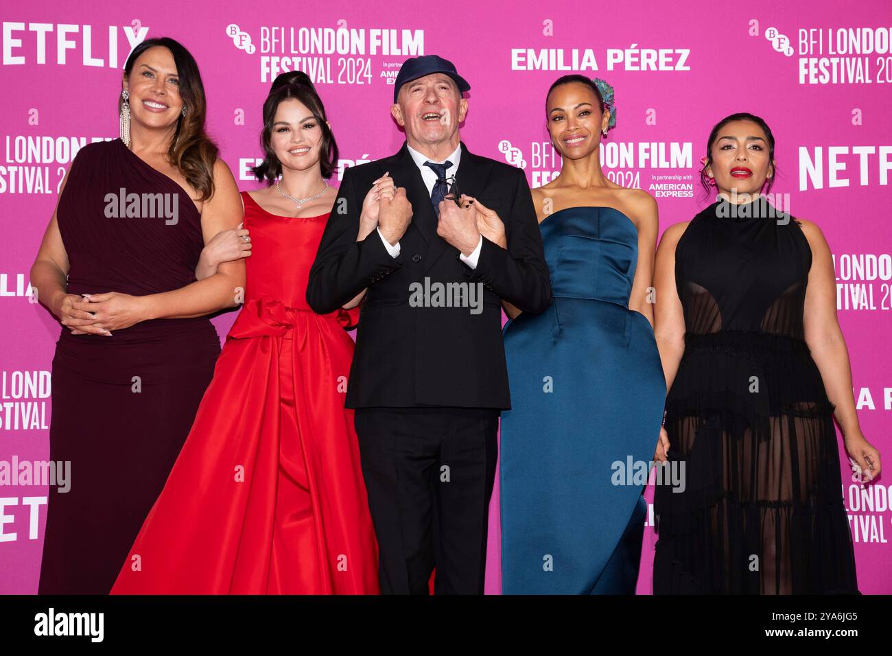 Karla Sofía Gascon, from left, Selena Gomez, director Jacques Audiard, Zoe Saldana and Adriana ...
