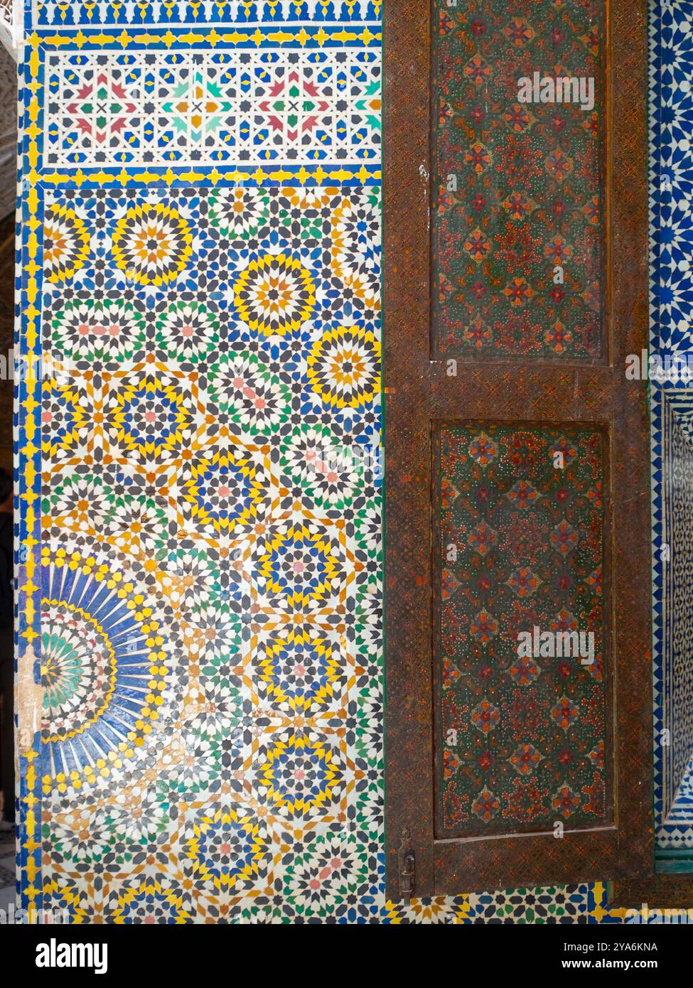 Zellij mosaic geometric pattern and wooden window shutter, Telouet ...