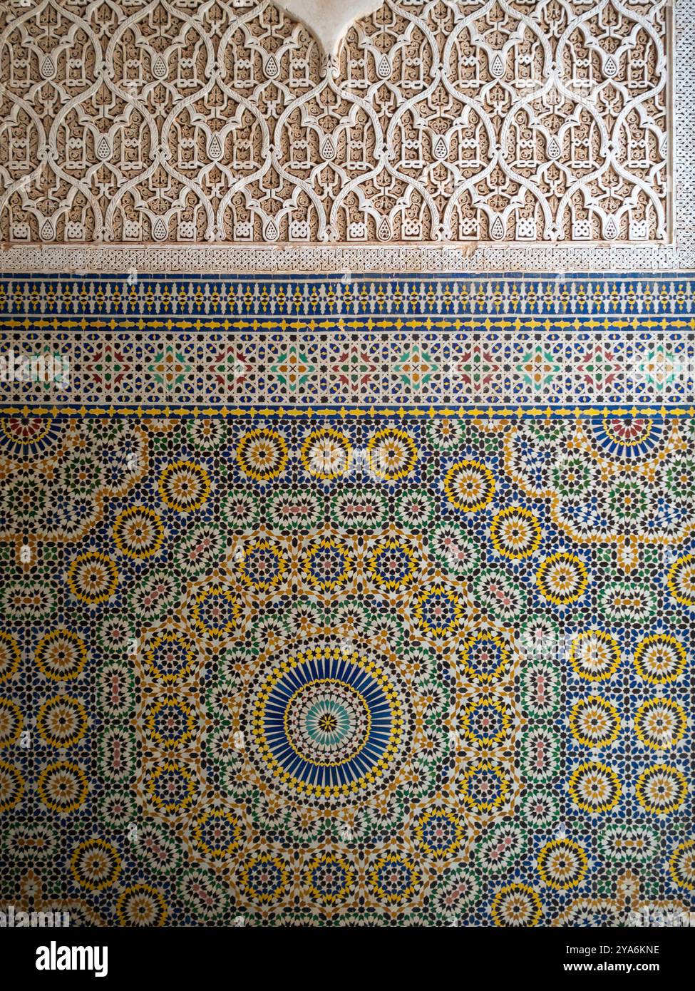 Islamic stucco and zellij mosaic covered wall of the Telouet Kasbah ...