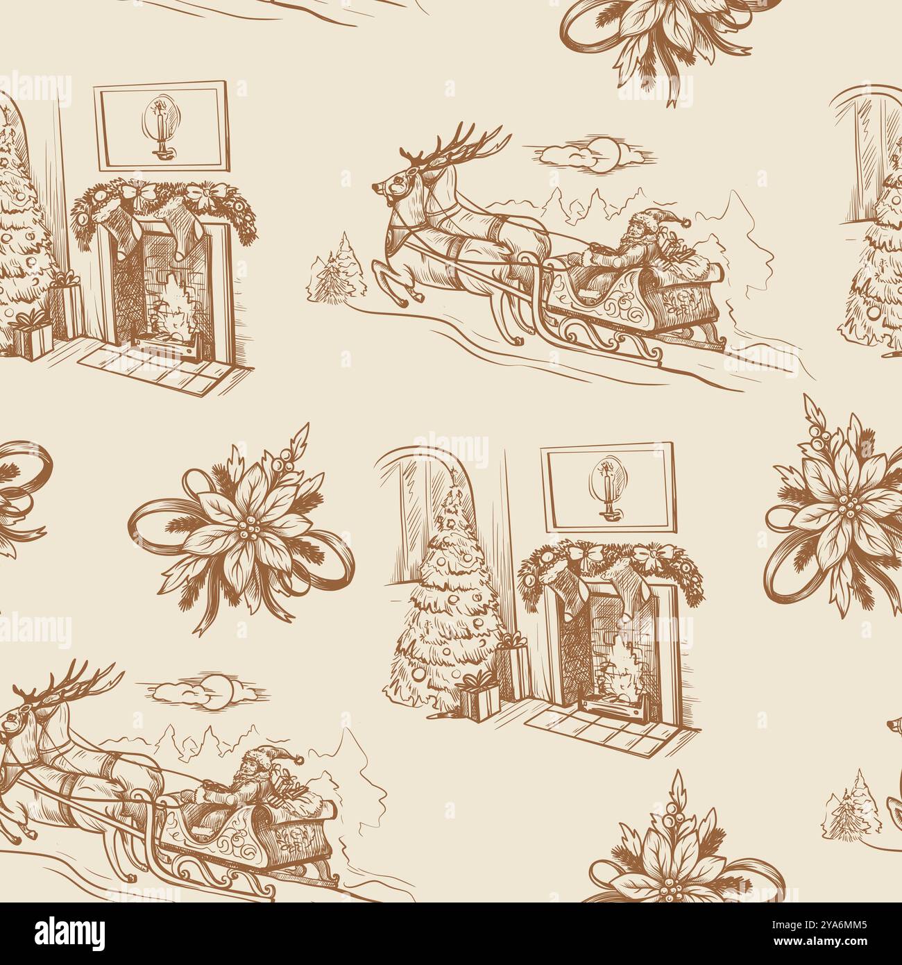 Seamless pattern with Santa, poinsettia, fir tree in toile style ...